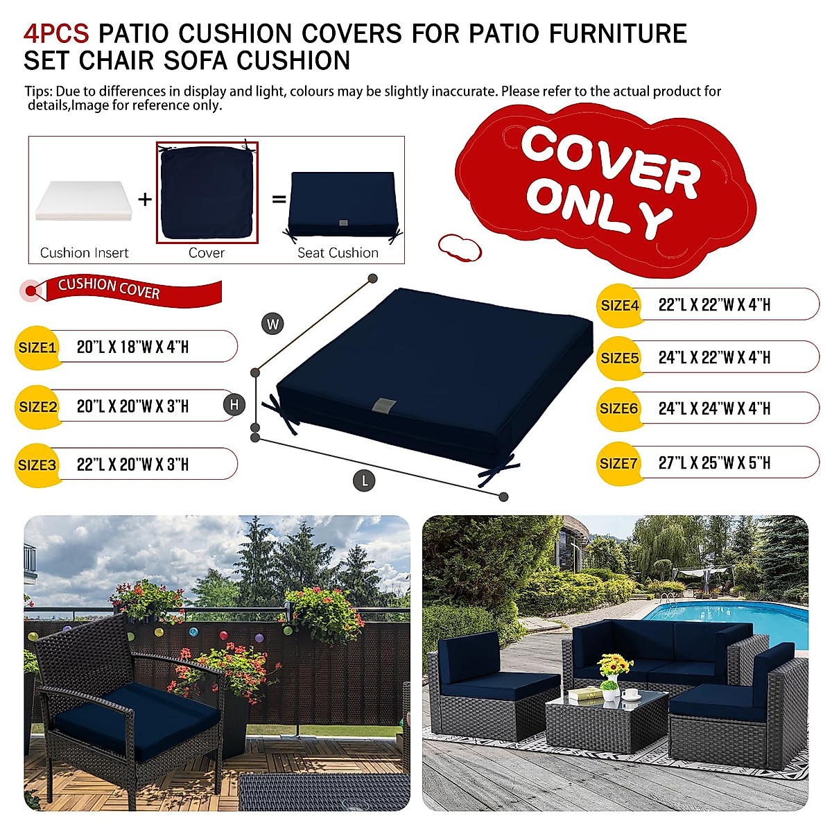 4Pcs Outdoor Patio Seat Cushion Back Pillow Replacement Covers,Fit for Patio Furniture Sectional Sofa Chair Conversation Set,Water-Resistant Fadeless Slipcover,22Lx22Wx4H Inch,Navy-Cover Only