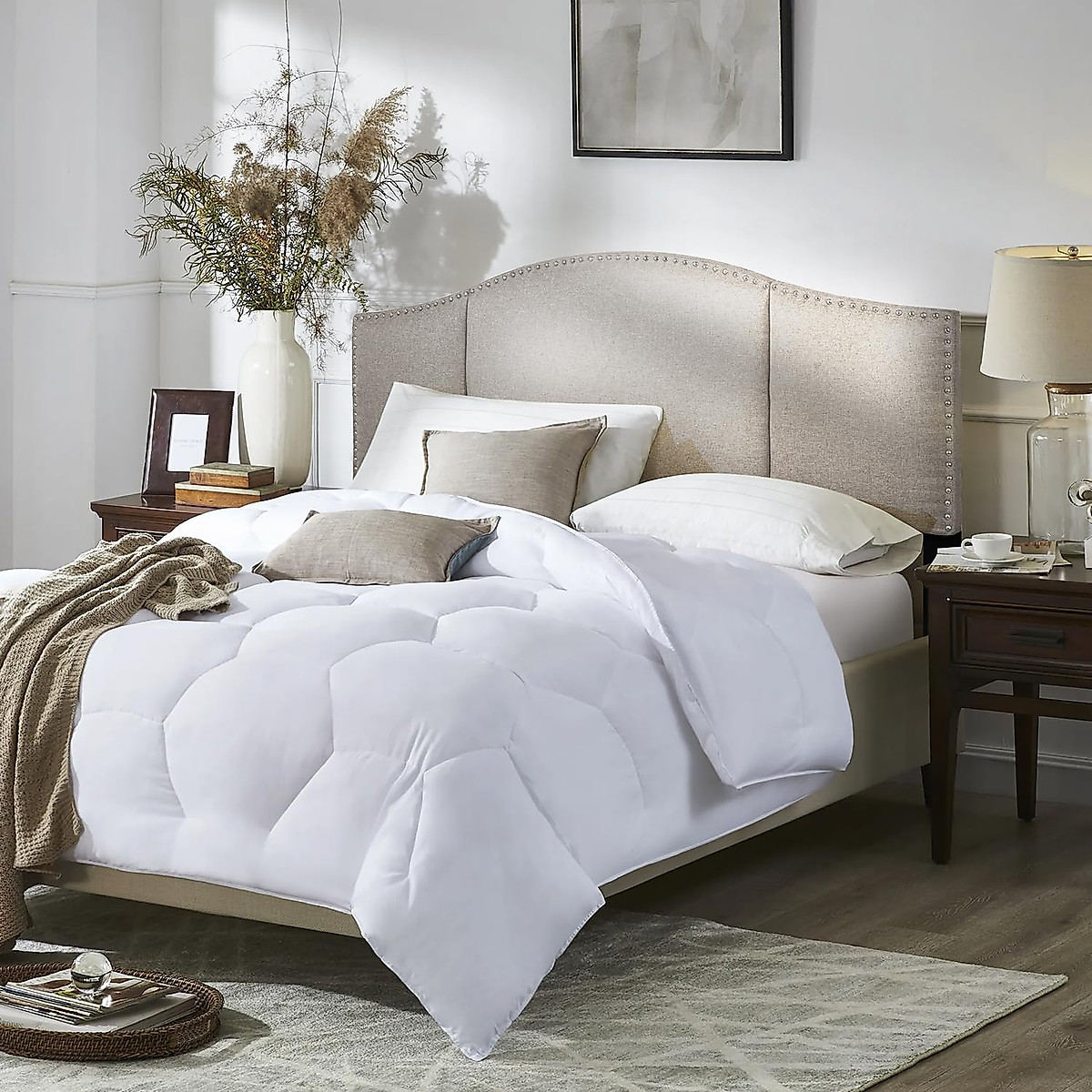 Finnhomy Linen Fabric Upholstered King Size Headboard with Nailheads Trim Platform, Adjustable Height Head Board, Light Grey