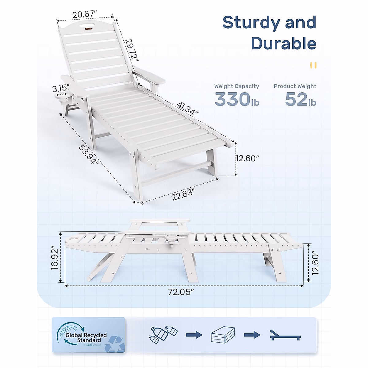 Chaise Lounge for Outdoor, Patio Lounge Chairs for Outside, Chaise Lounge Chair with 6 Positions, HDPE Lounge Chair with Cup Holder Easy Assembly for Pool Beach Garden, White