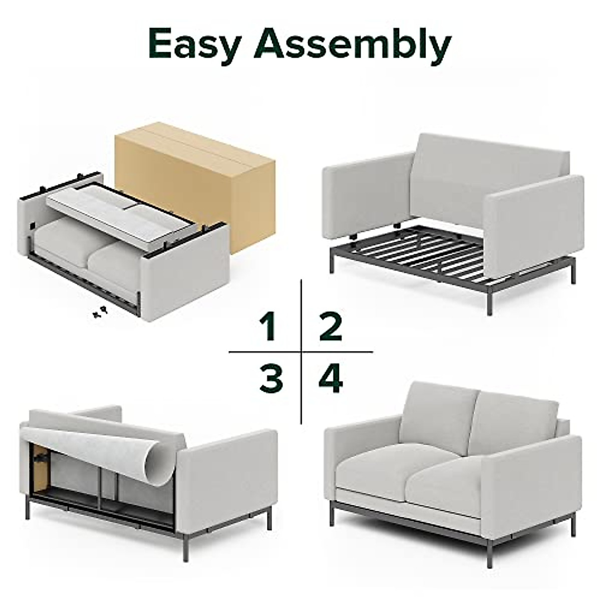 ZINUS Logan Loveseat, Green Tea Infused Foam Cushions, Tool-Free, Easy Assembly, Light Grey