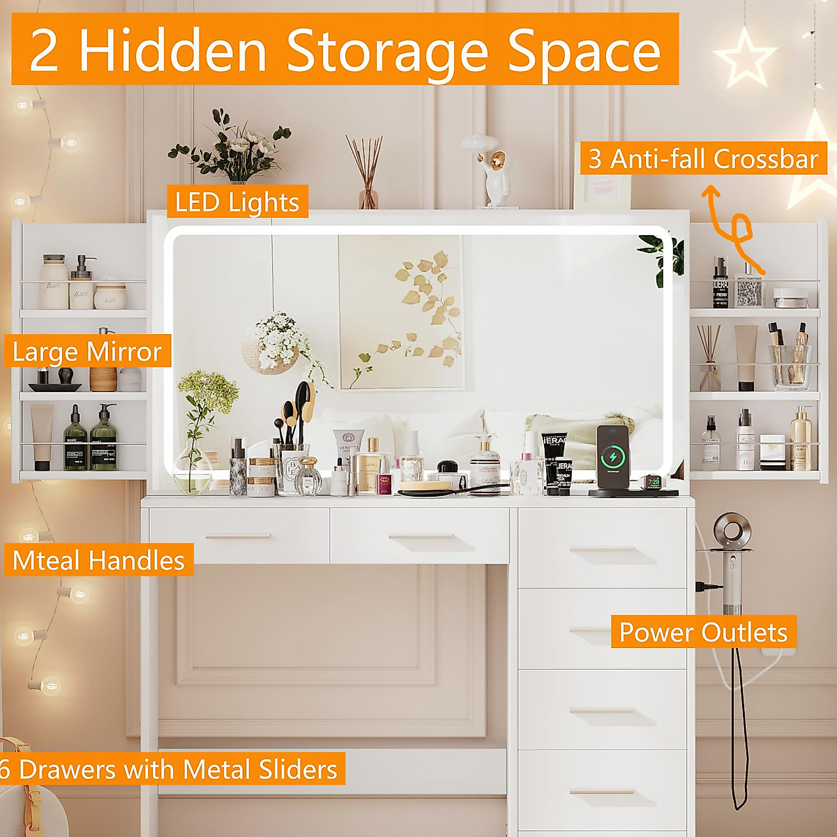 Keehusux 46.7" W Vanity Desk with Mirror and Lights, Makeup Vanity Table with Charging Station and Holder, Bedroom Dressing Table with 6 Drawers & Sliding Hidden Storage Shelves, White KES006WSZT