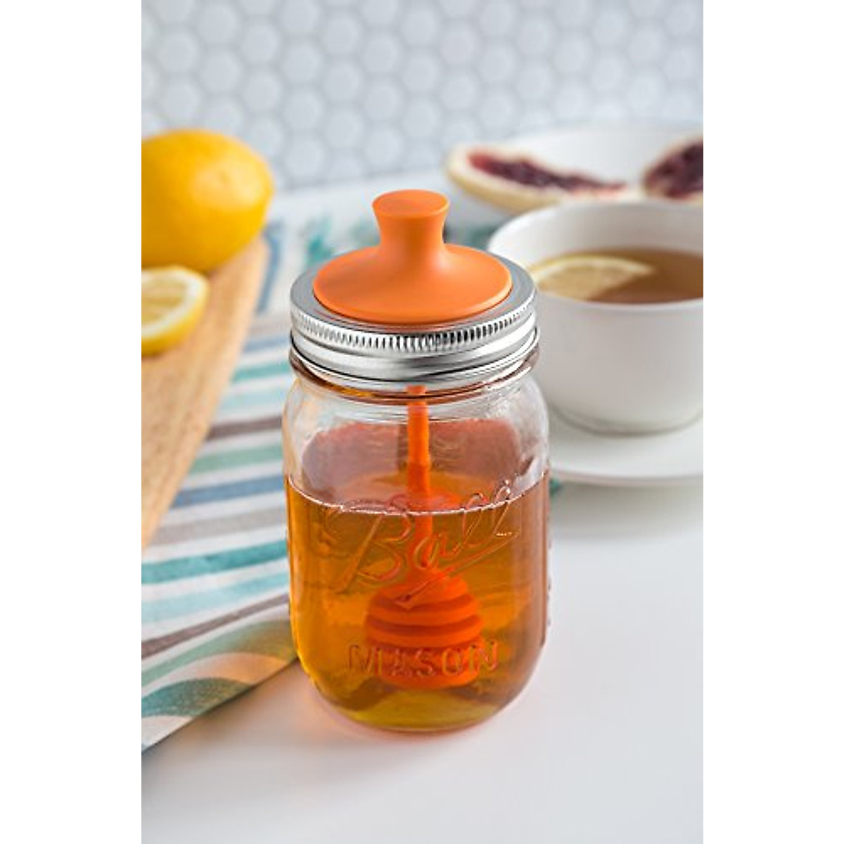 Jarware Honey Dipper Lid for Regular Mouth Mason Jars, Orange, 16-Ounce