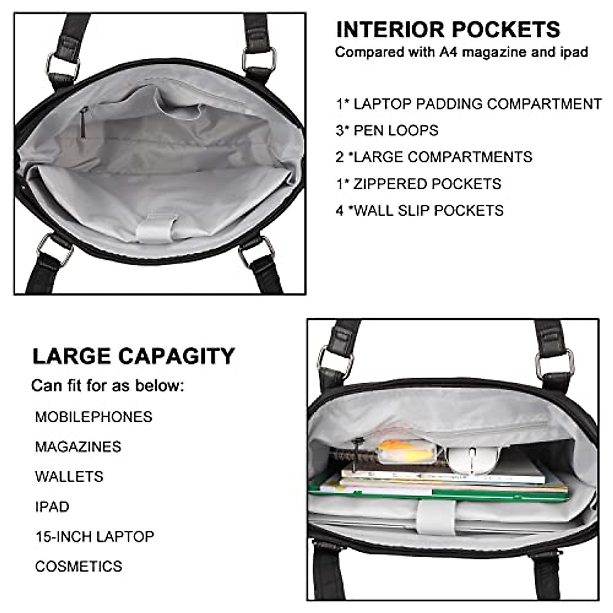 Laptop Tote Bag Womens Work Purse Floral Teacher Handbag Shoulder Bag fit 15.6 in laptop (Black - Rose)