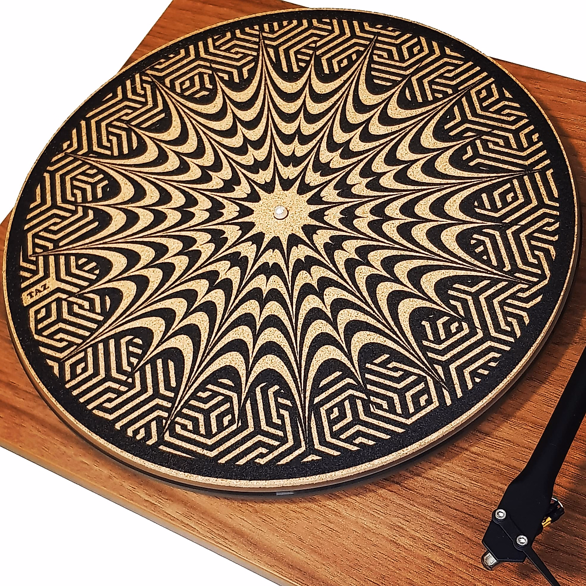 TazStudio Cork Turntable Mat for Better Sound Support on Vinyl LP Record Player - Original Geometric Design Mix Pattern [3mm thickness]-m1