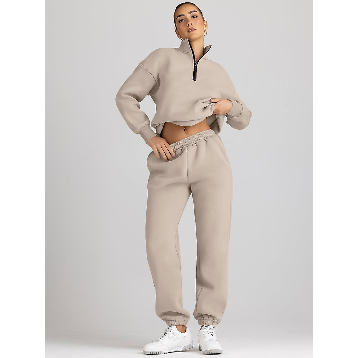 AUTOMET Women's Sweatsuits 2 Piece Outfits Long Sleeve Half Zip Pullover and Baggy Sweatpants with Pockets CoffeeGrey XL