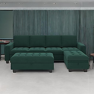 Belffin Velvet Convertible 4-Seat Sectional Sofa with Reversible Chaise L Shaped Sofa Couch Furniture Sets Sectional Couch with Storage Ottoman Green