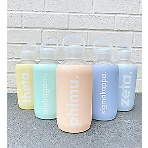 Sorority Shop Zeta Tau Alpha Glass Water Bottle with Silicone Sleeve - 16 Oz Glass Water Bottle, Reusable Glass Water or Juice Bottle with Cap