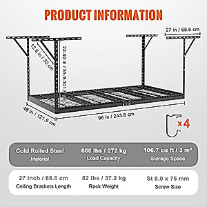 VEVOR Overhead Garage Storage Rack, 4x8 Garage Ceiling Storage Racks, Heavy Duty Adjustable Cold Rolled Steel Racks for Garage Storage, Organization, 600 lbs Load Capacity, 22''-40" (Black)