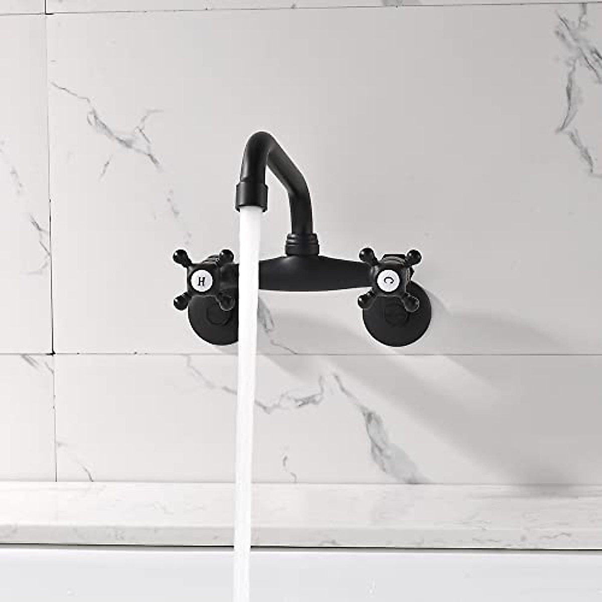 Jshozzy Matte Black Wall Mount Kitchen Sink Faucet Double Handle 3 Inch to 9 Inch Swivel Spout Wall-Mounted Commercial Bar Sink Faucet NSF Lead-Free Hot and Cold Water Mixer Tap Utility Sink Faucet