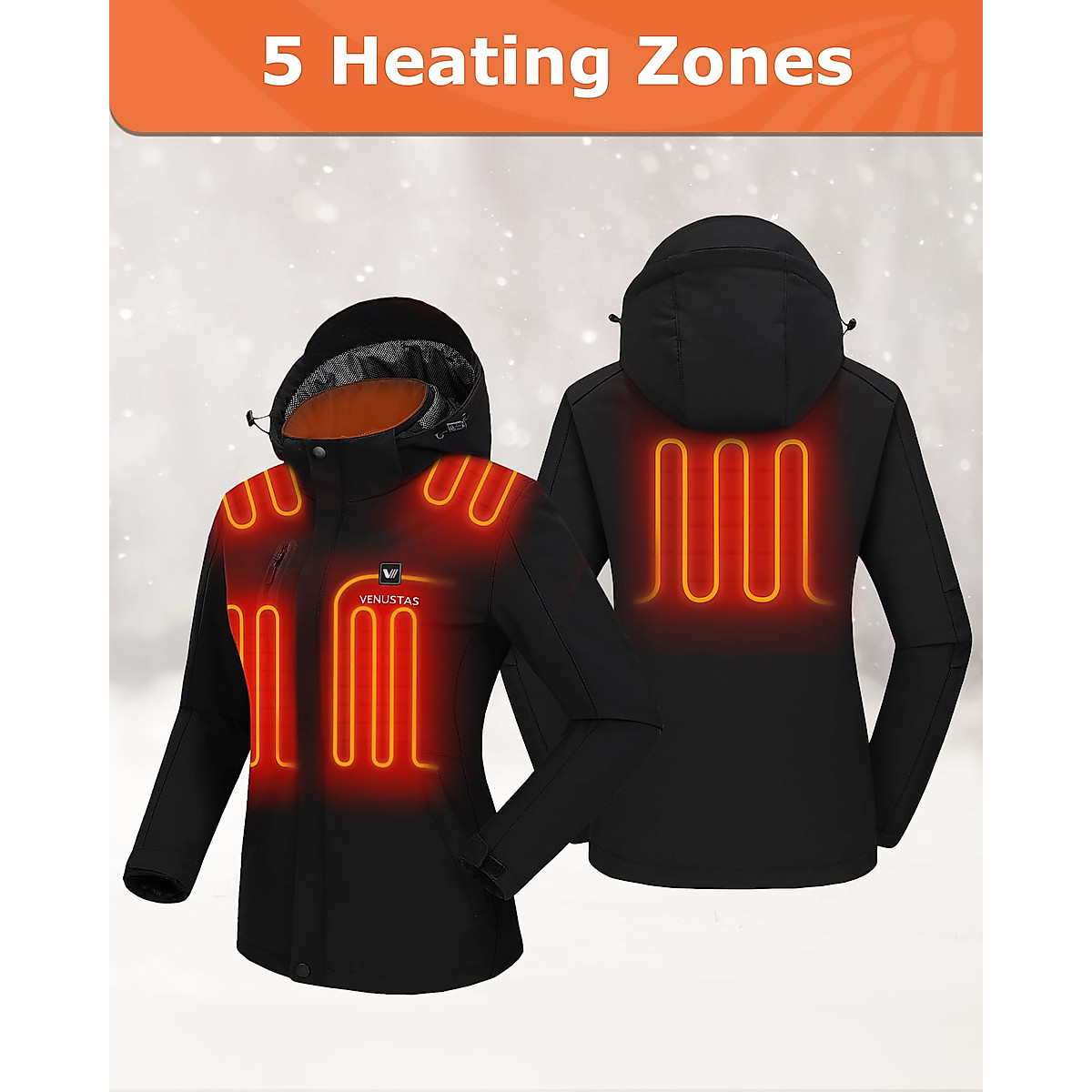 Venustas Women's Heated Jacket with Battery Pack 7.4V, Windproof Electric Insulated Coat with Detachable Hood Slim Fit