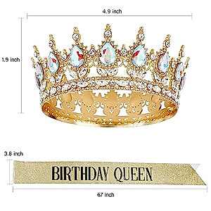KICOSY Crowns for Women Birthday Queen Sash & Crystal Crown Set Gold Birthday Tiara Birthday Crowns for Women Rhinestone Headband Birthday Sash and Tiara for Women Girls Birthday Decoration