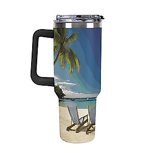 YTLKGFP 40 Oz Large Capacity Car Cup Beach Palm Tree Tumbler with Handle (Black) Straw Lid Insulated Stainless Steel Water Bottle Travel Mug Leak-proof Car Cup Keeps Cold Or Hot