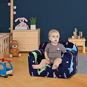 Single Seater Kid Sofa Chair, Foam Toddler Couch with Glow-in-the-Dark Velvet, Compressed Packing 3-year -old Children's Chair,Multiple Pattern Fabric Toddler Sofa for Kindergarten Use (dark blue)