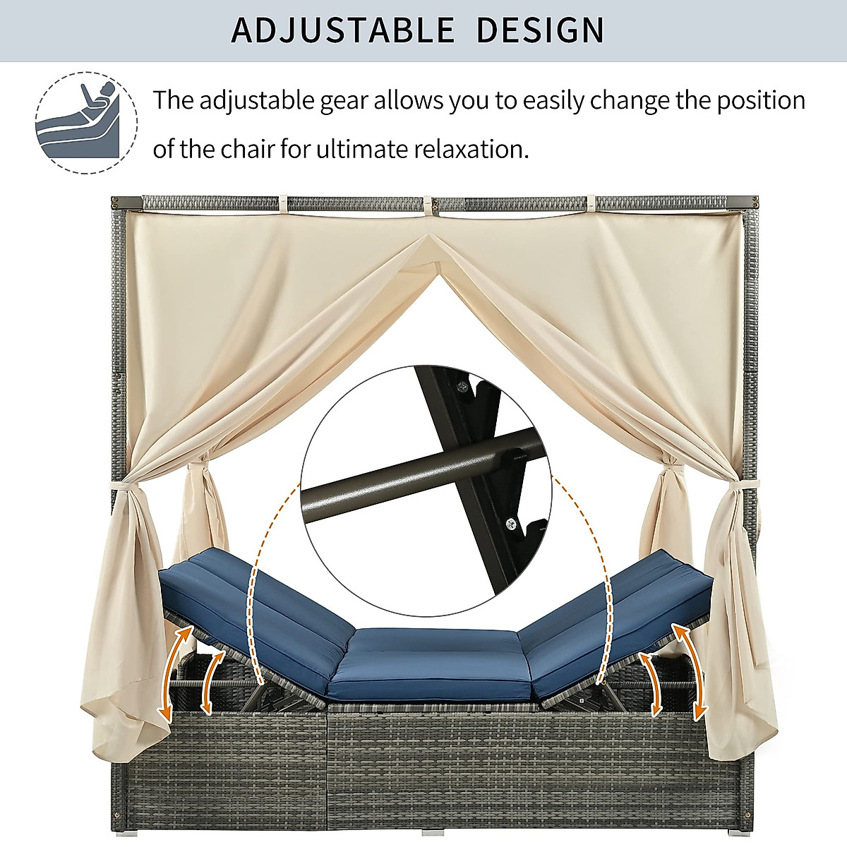 Merax Outdoor Patio Wicker Sun Bed with Canopy, Overhead Curtains, Cushions, Lounge Charis with Adjustable Seats, Blue