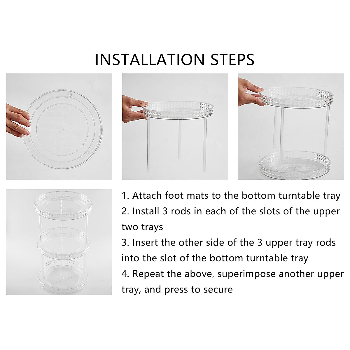 BYFU 3 Tier Rotating Lazy Susan Makeup Organizer, Turntable Clear Diamond Cosmetic Display Storage Tray, Plastic Bathroom Holder Rack for Kitchen, Table, Cabinet, Countertop, Pantry (Clear Diamond)