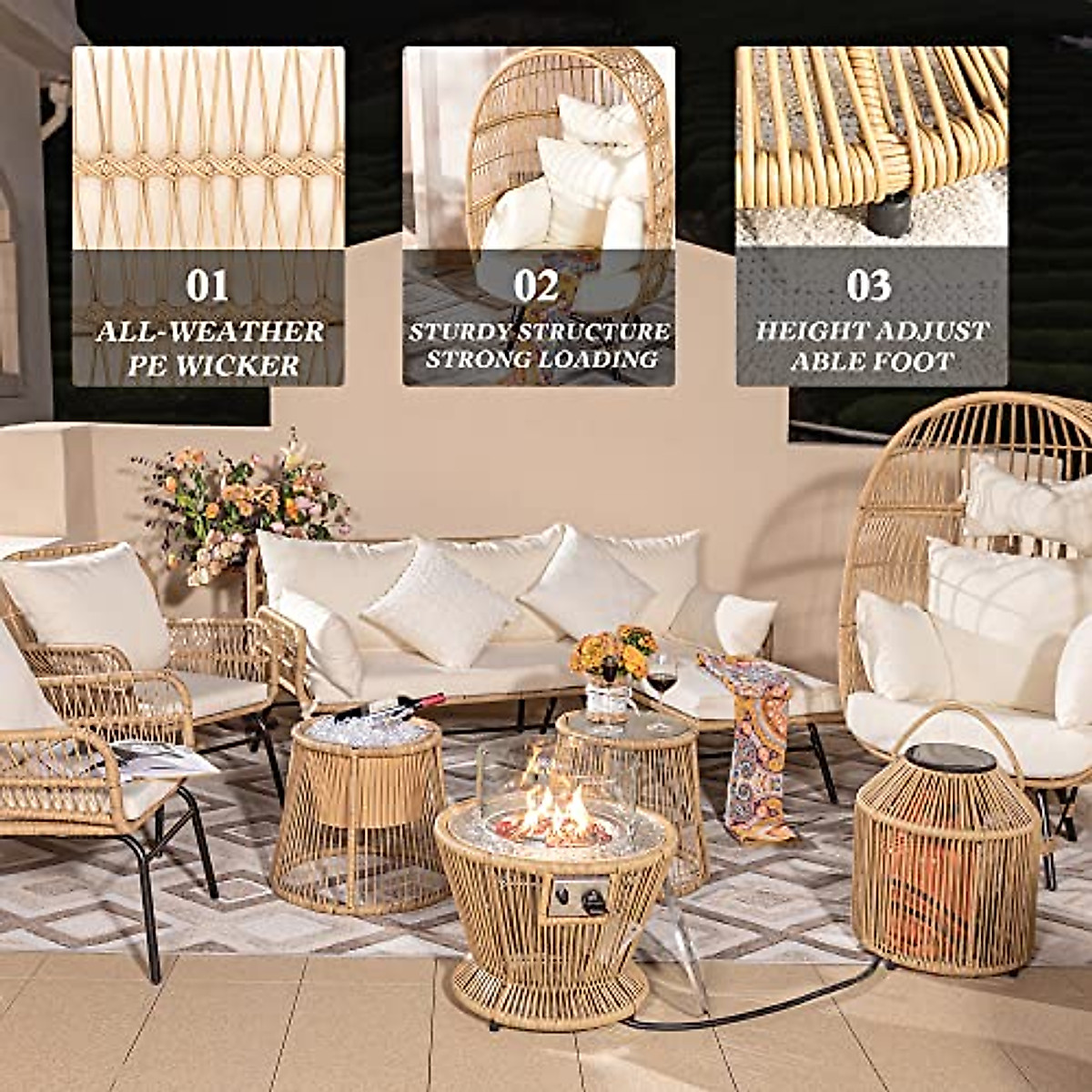 BULEXYARD 9 Piece Boho Patio Furniture Sets with Propane Fire Pit Table, Small Outdoor Bistro Chairs Sectional Sofa Conversation Set w/Gas Firepit, Egg Chair, Ice Bucket for Backyard, Lawn (Natural)