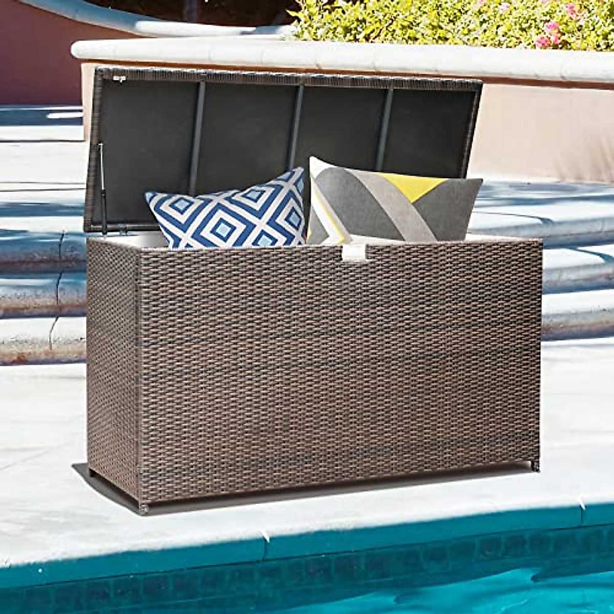 Patiorama Outdoor Wicker Storage Box, Garden Deck Bin with Aluminum Frame, Patio Cushion Storage, Brown Wicker Rattan Pool Storage Box, Water-Resistant Liner, 120 Gallon