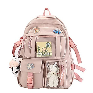 MWZING Kawaii Backpack with Lunch bag Kawaii Shoulder Bag Cute Aesthetic Backpack with Cute Pin Accessories Plush Pendant PINK