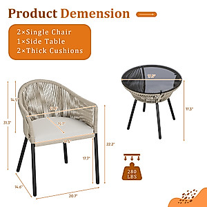 Devoko Patio Furniture Set 3 Pieces Rope Woven Bistro Set Outdoor Conversation Set with 2 Wide Chairs,Cushions and Tempered Glass Table for Balcony Porch Backyard Garden Poolside