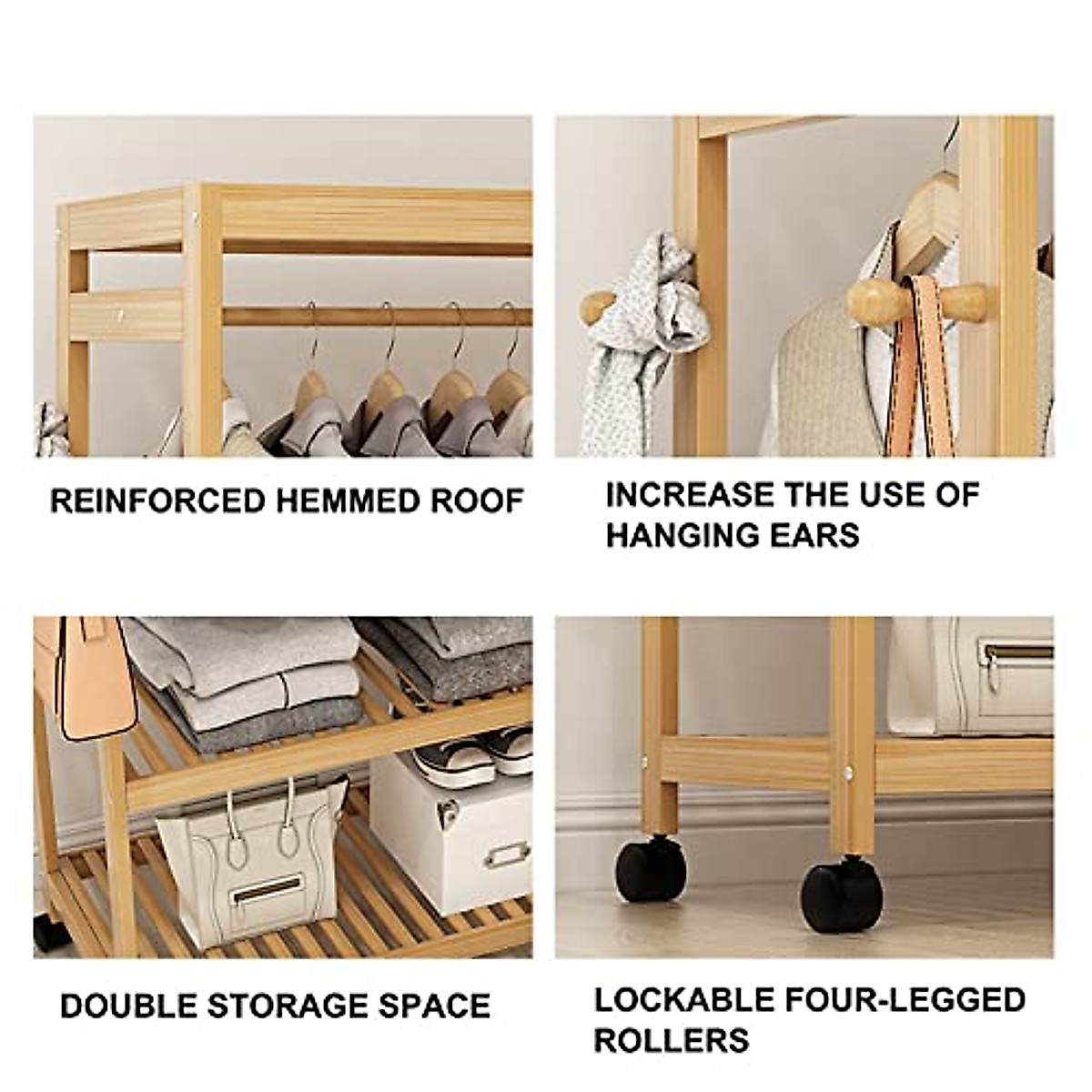 YXDFG Bamboo Garment Coat Clothes Hanging Heavy Duty Rack,Portable Rolling Garment Rack with Wheels, with Top Shelf and Shoe Clothing Storage Organizer Shelves,Dark,59×35×165cm