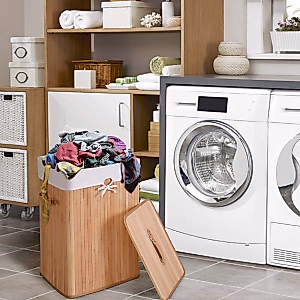 Byroce Bamboo Laundry Basket, Collapsible Laundry Hamper with Lid, Removable Liner & Handles, Dirty Clothes Toys Storage Bin for Laundry Room, Bedroom, Bathroom (Beige)