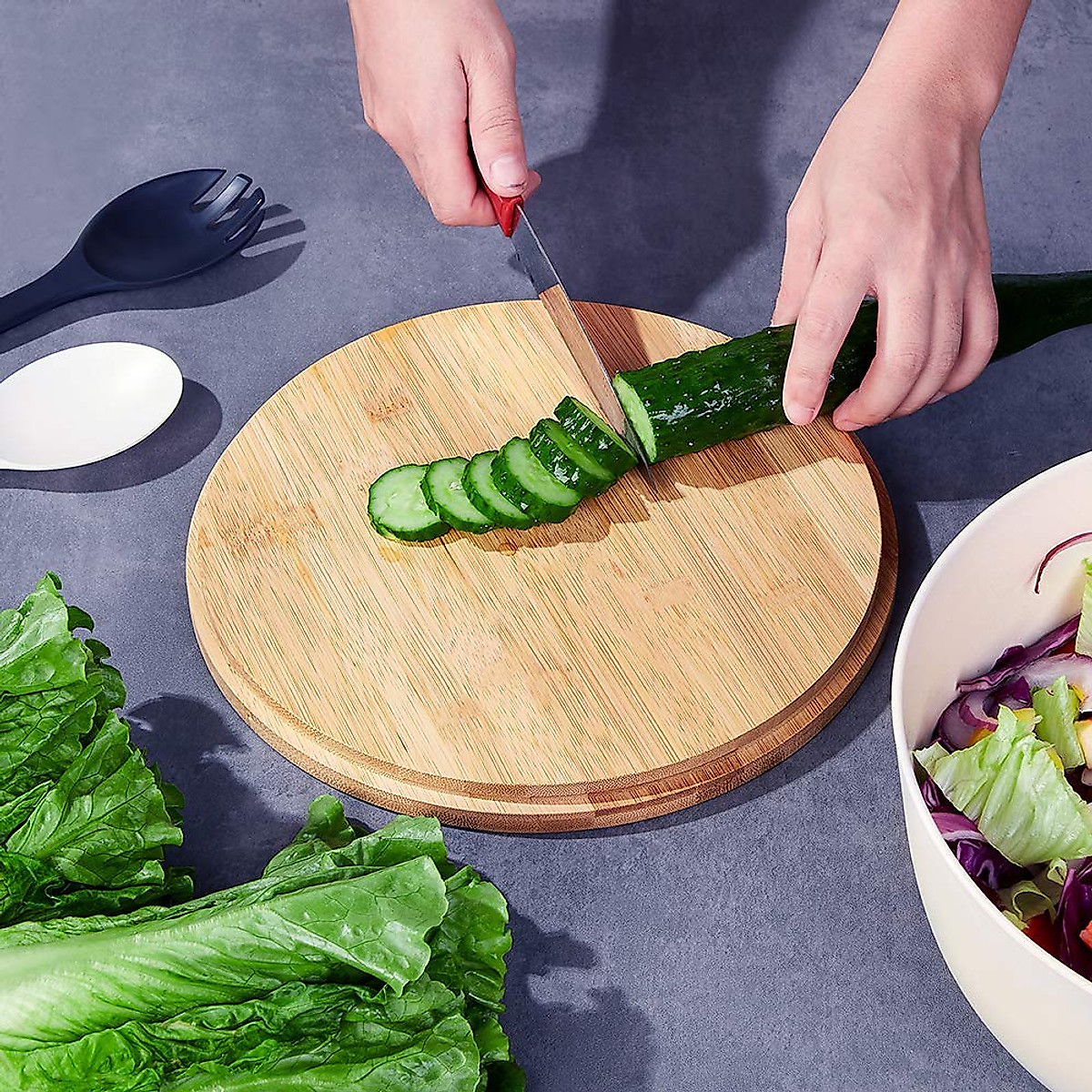 ECOHAGOU 10” Bamboo Fiber Large Salad Serving Bowl Set with Wooden Lid & Servers, 3.5 Qt Big Bowl with Utensils for Mixing Salad,Fruit,Pasta,Lightweight & Dishwasher Safe, Ideal Gift for Home (White)