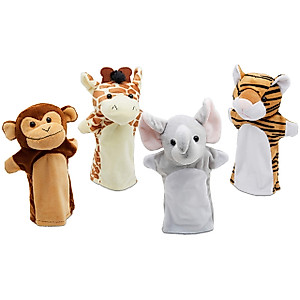 Hand Puppets for Kids, Set of 4 Plush Safari Animals Hand Puppet Toys for Boys and Girls, A Giraffe, Elephant, Tiger, Monkey, Perfect for Storytelling, Teaching, Preschool, Role-Play