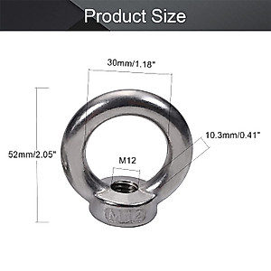 MroMax 4Pcs Lifting Eye Nut M12 Metric Female Thread Ring Shape Nut 304 Stainless Steel Round Shape Fastener Lifting Ring for Rope Fitting Silver