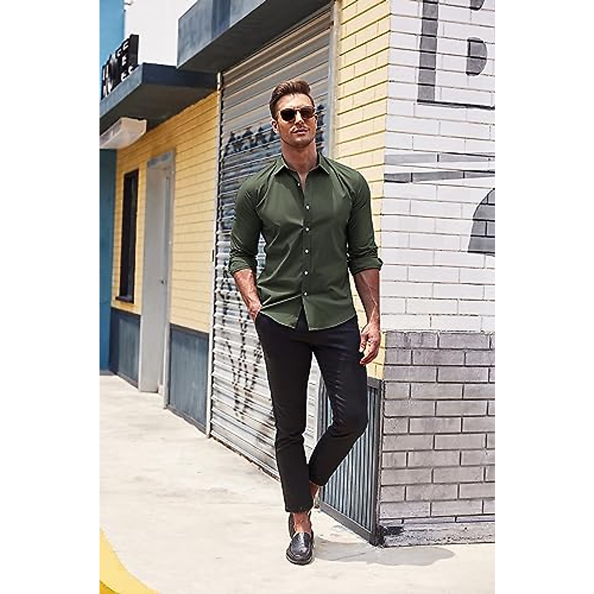 COOFANDY Men's Muscle Fit Dress Shirts Wrinkle-Free Long Sleeve Casual Button Down Shirt (01-Olive Green(Stretch Fabric), X-Large)