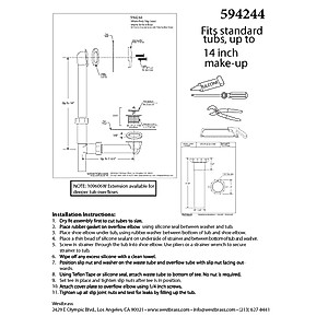 Westbrass 594244-01 14" White Tubular Bath Waste & Overflow Assembly with Twist & Close Drain Plug and 2-Hole Faceplate, Polished Brass