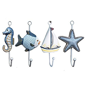 Kyien Set of 4 Beach Themed Wall Hooks Decorative Starfish Sailboat Fish Seahorse Hangers for Coat Towel Clothes