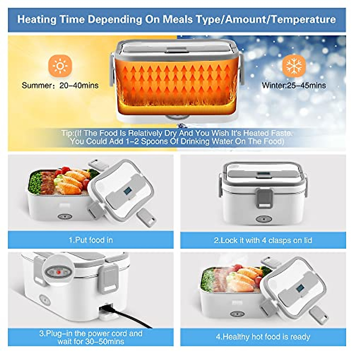 Naibsan Electric Lunch Box 60W Food Heater for Adults, Portable Faster Food Warmer with 1.8L Removable Stainless Steel Container, 12V/24V/110V Leakproof Heated Lunch Box for Car/Office