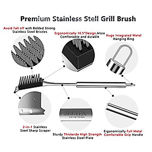 SEETEN Grill Brush and Scraper with 1 Reusable Cleaning Gloves-Safe&Strong 16 inch Stainless Steel Grill Cleaning Brush no Wire Bristles Fall Off-Nice Grill Accessories Gift