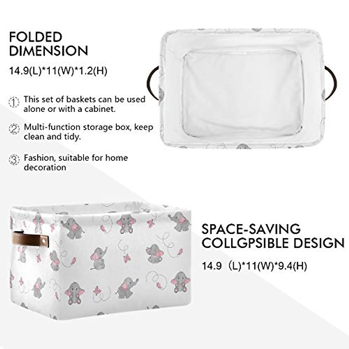 KEEPREAL Cute Cartoon Elephant Storage Basket Bin, Large Cube Storage Box Canvas Collapsible Storage Organizer for Home Office Closet - 15 L x 11 W x 9.5 H