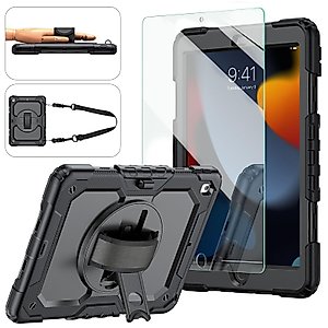iPad 9th/8th/7th Generation Case, iPad 10.2 Case 2021/2020/2019, [Kid Proof] ambison Full Body Protective Case with 9H Tempered Glass Screen Protector, 360° Rotatable Kickstand & Hand Strap (Black)