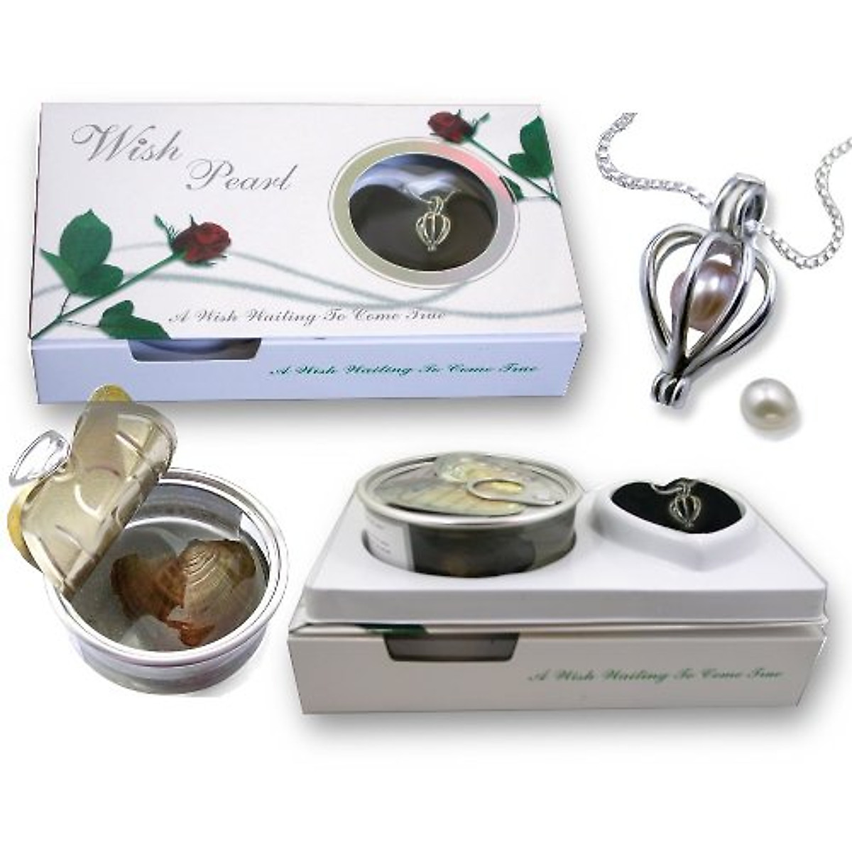 Pearlina Sterling Silver Heart Cage Locket Necklace Cultured Wish Pearl in Oyster Set, 18"