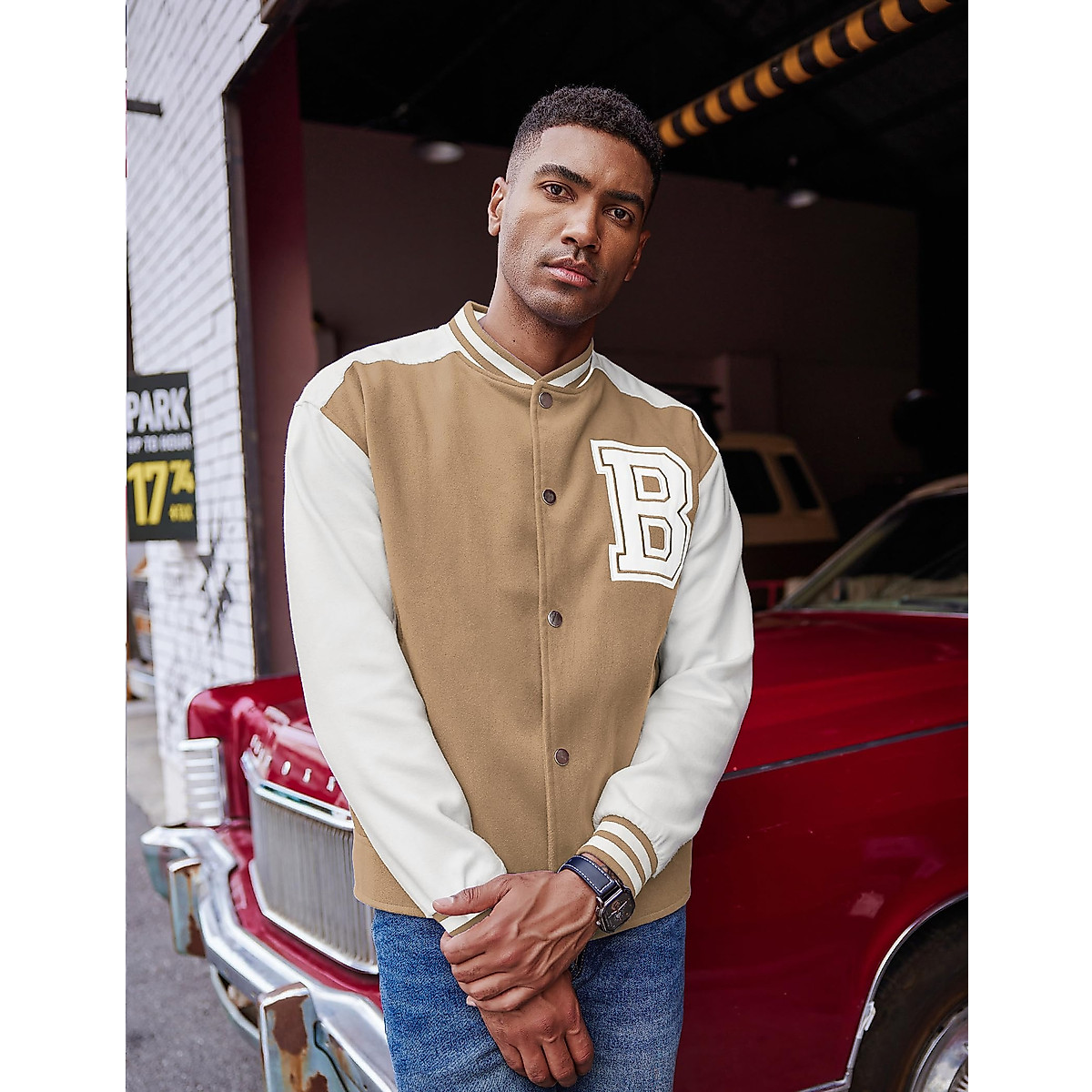 COOFANDY Baseball Jacket for Mens Letterman Varsity Jackets Button Up Khaki Sweatshirt with Letter B