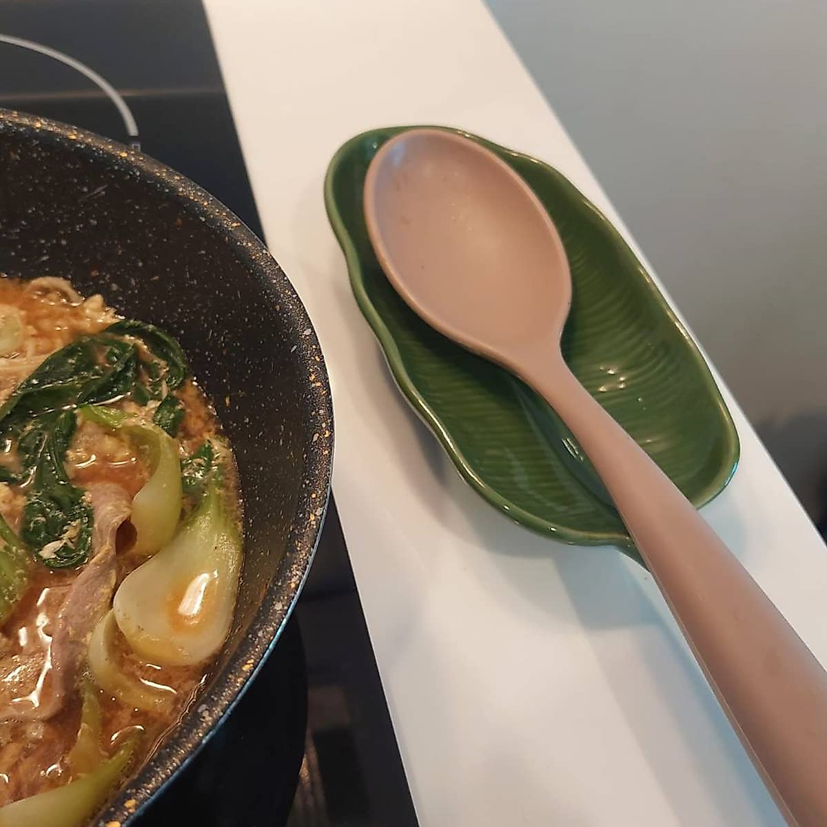 Cozinest Spoon Rest for Stove Top, Teak Wood Spoon Holder for Countertop, Ceramic Spoon Rest for Kitchen Counter, Serving Platter Décor Display Fruit Snacks Appetizer Wood Green Leaf (Ceramic)