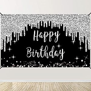 Black White Silver Happy Birthday Banner Decorations for Women Girls, Black Silver Happy Birthday Backdrop Sign Party Supplies, 16th 21st 30th 40th 50th 60th 70th Birthday Poster Background Decor