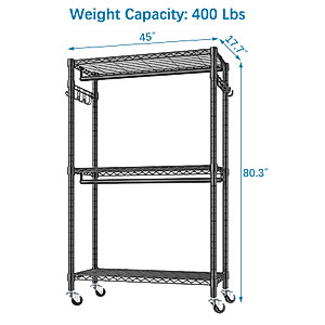 VIPEK V12 Heavy Duty Rolling Garment Rack 3 Tiers Adjustable Wire Shelving Clothes Rack with Double Rods and Side Hooks, Freestanding Wardrobe Storage Rack Metal Clothing Rack, Black