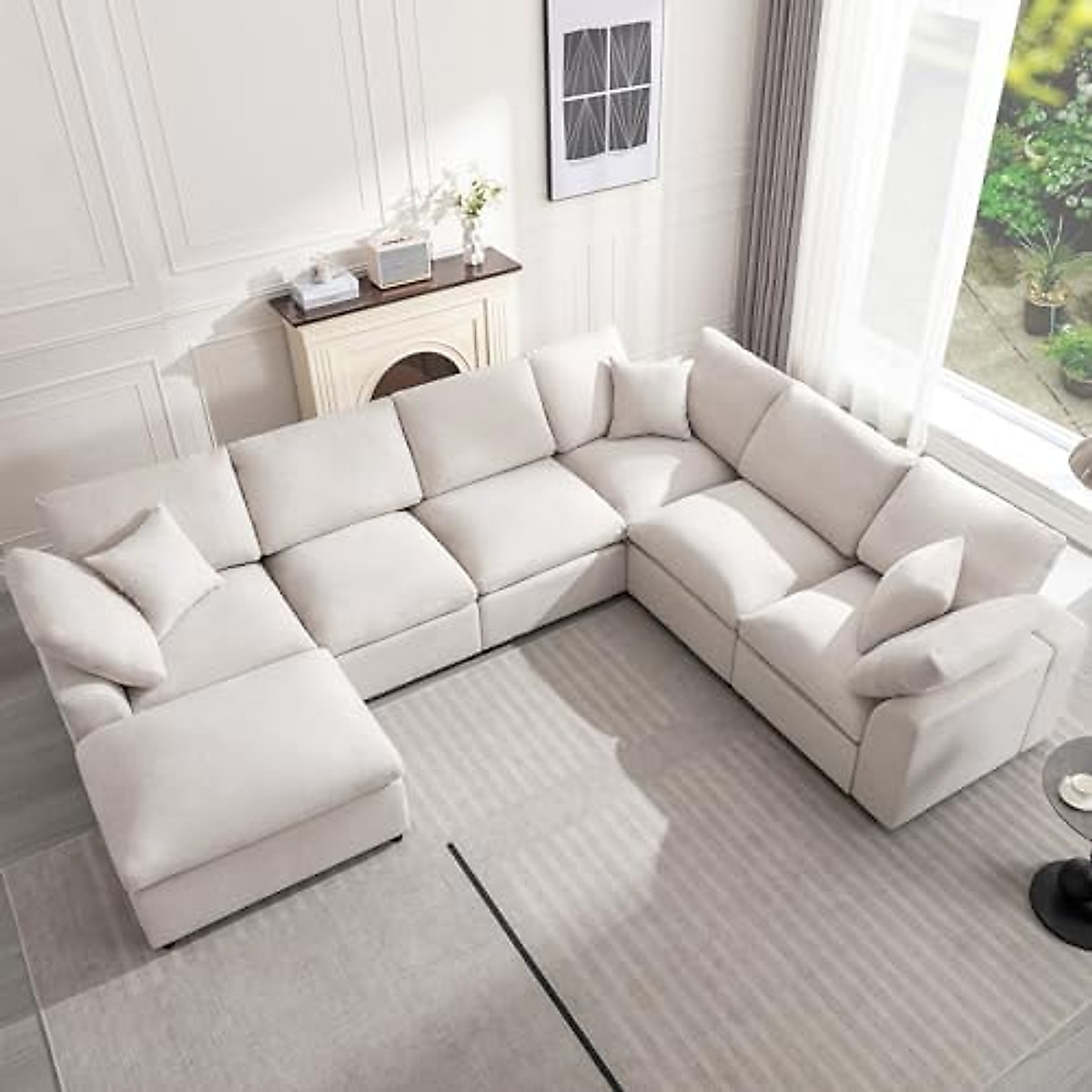 Siiejia Modular Sectional Sofa Modern Oversized Cloud Couch with Movable Ottoman 7 Seater L-Shaped Sofas Comfy Couches for Living Room Spacious Space Office Lounge, Beige