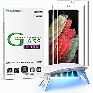 amFilm 3D Curved Screen Protector for Galaxy S21 Ultra 5G 6.8 Inch, Fully Compatible with UltraSonic Fingerprint Scanner, UV Gel Application, Tempered Glass, 2 Pack