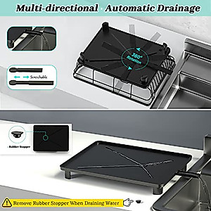 BUDO Dish Drying Rack, Stainless Steel Plate Rack with Drainboard, Removable Utensils and Cup Storage Holder, 360° Swivel Spout for Kitchen Counter (Black)