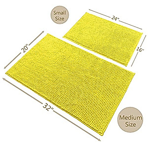 Bathroom Rugs and Mats Sets Yellow 2 Piece Non Slip Super Absorbent Water Bath Floor Rugs,Ultra Soft and Quick Dry Shower Chenille Mats for Bathroom Floor,Tub,Toilet,20x32+16x24 Inch