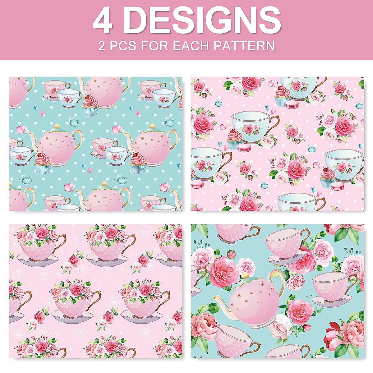 JarThenaAMCS 8 Sheet Tea Party Wrapping Paper -Not Roll- Watercolor Pink Floral Teapot Gift Wrap Paper Folded Flat Art Paper for DIY Crafts Gift Wrapping