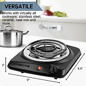 OVENTE Electric Countertop Single Burner, 1000W Cooktop with 6" Stainless Steel Coil Hot Plate, 5 Level Temperature Control, Indicator Light, Compact Cooking Stove and Easy to Clean, Black BGC101B
