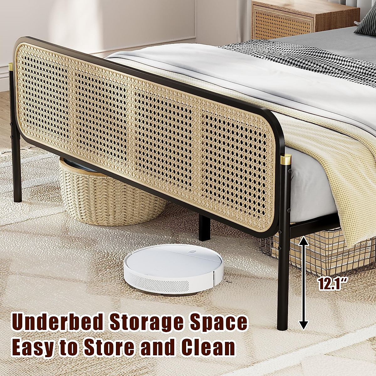 VOPEAK Rattan Bed Frame Full Size with Headboard, Boho Bed Frame, Full Bed Frame with Strong Metal Slats Support, Easy Assembly Mattress Foundation, Noise Free, No Box Spring Needed, Black