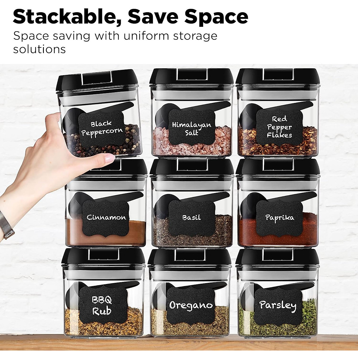 Shazo 9 PC Airtight Food Storage Containers + 9 Spoons - BPA Free Clear Plastic Snack & Spice Containers with Easy Lock Lids - Kitchen and Pantry Organization for Herbs, Coffee, Tea - 0.5L / 2.1 Cups