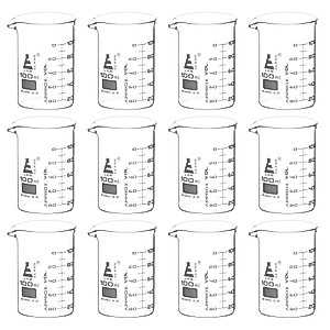 EISCO (Pack of 12) Beakers, 100ml - ASTM - Low Form with Spout - Dual Scale, White Graduations - Borosilicate 3.3 Glass