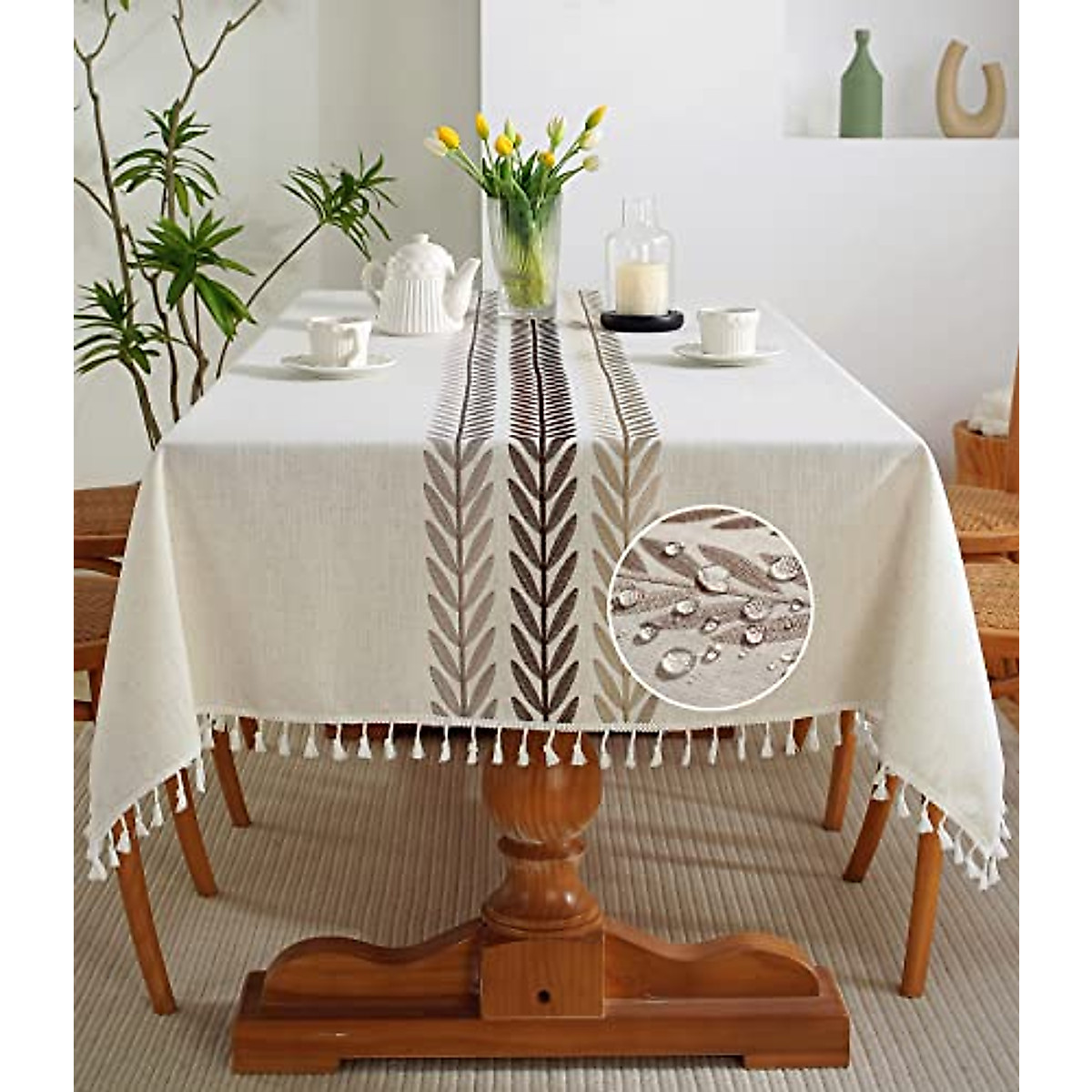 JIALE Table Cloth Rectangle Table, Heavy Duty Cotton Linen Waterproof Tablecloths Farmhouse Tablecloth, Soft and Wrinkle Free Table Cover with Tassels, 55''x70'', 4-6 Seats